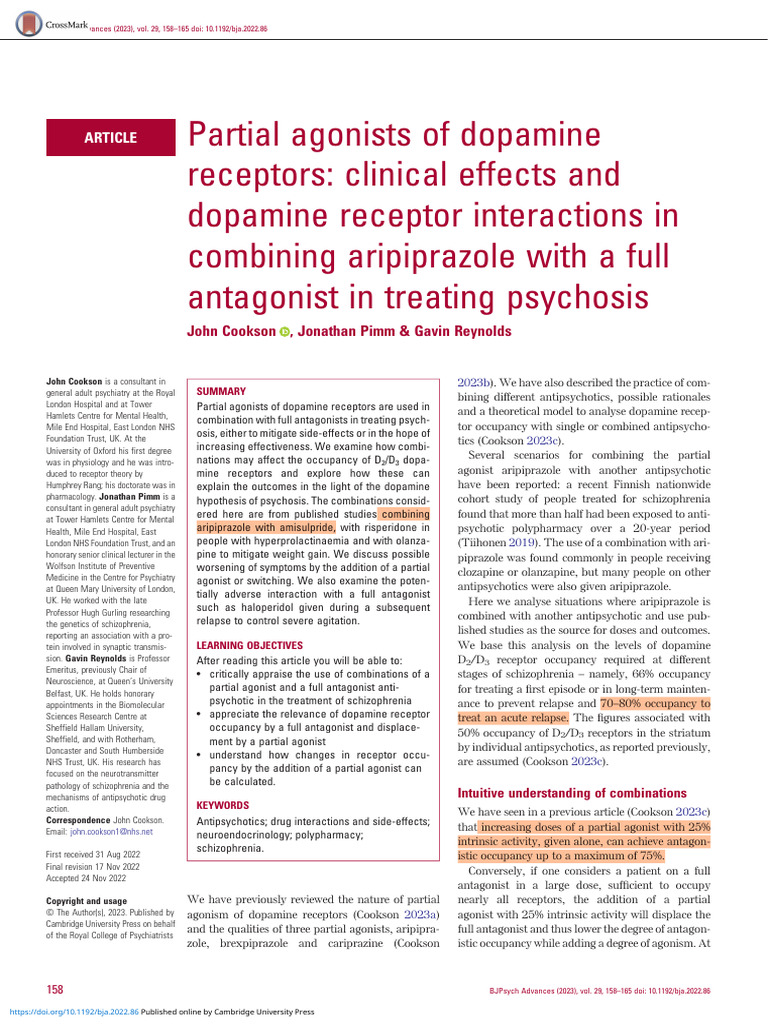 Partial Agonists of Dopamine Receptors Clinical Effects and Dopamine ...