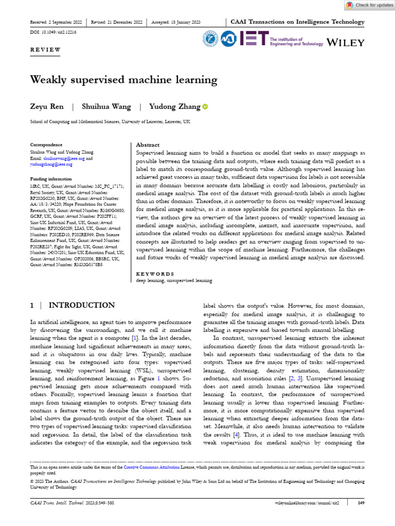 CAAI Trans On Intel Tech - 2023 - Ren - Weakly Supervised Machine Learning | PDF | Machine ...