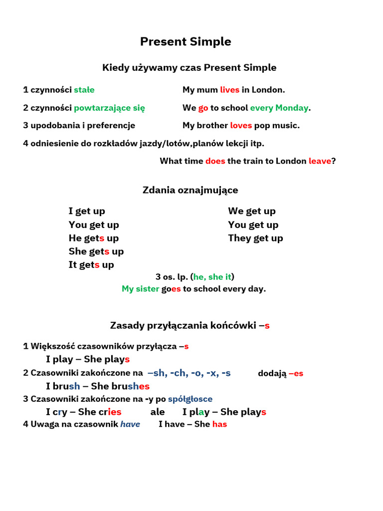 Present Simple Kiedy Używamy Czas Present Simple | PDF