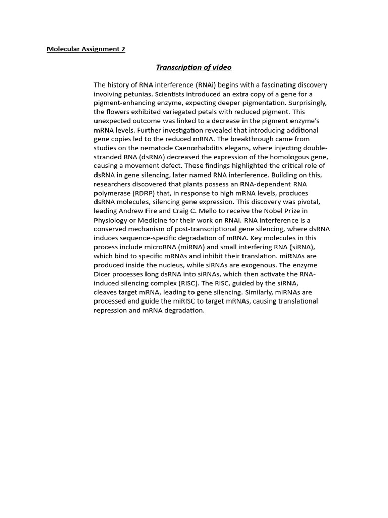 Molecular Assignment 2: Transcription of Video | PDF