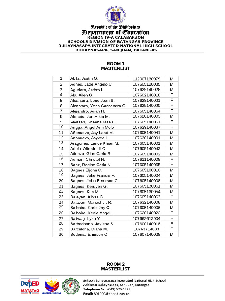 Final Grade 10 Masterlist NCAE With Opulencia | PDF