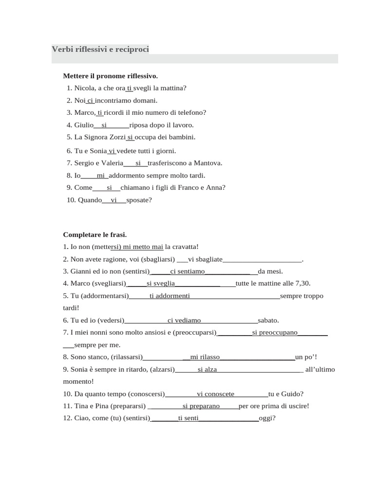 Esercizi - Verbi Riflessivi RIPASSOdocx | PDF