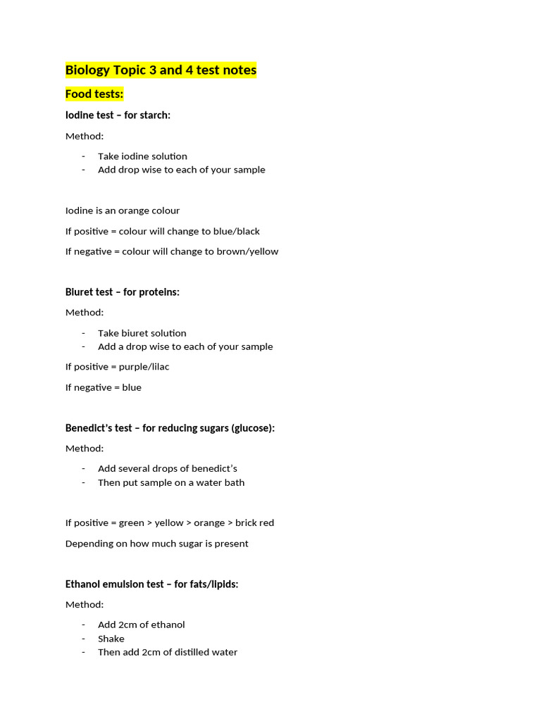IGCSE Cambridge Biology O Level Chapter 3 and 4 Notes - Food Tests ...