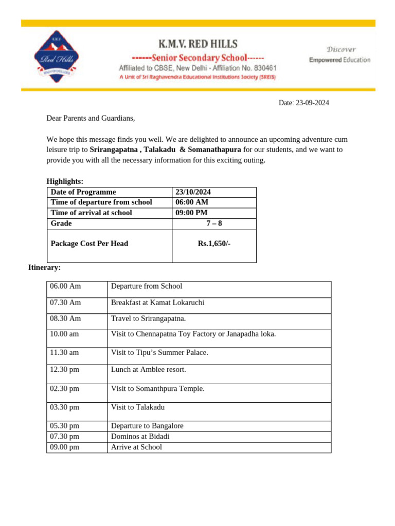 Grade 7 and 8 Trip Circular1727072361 | PDF