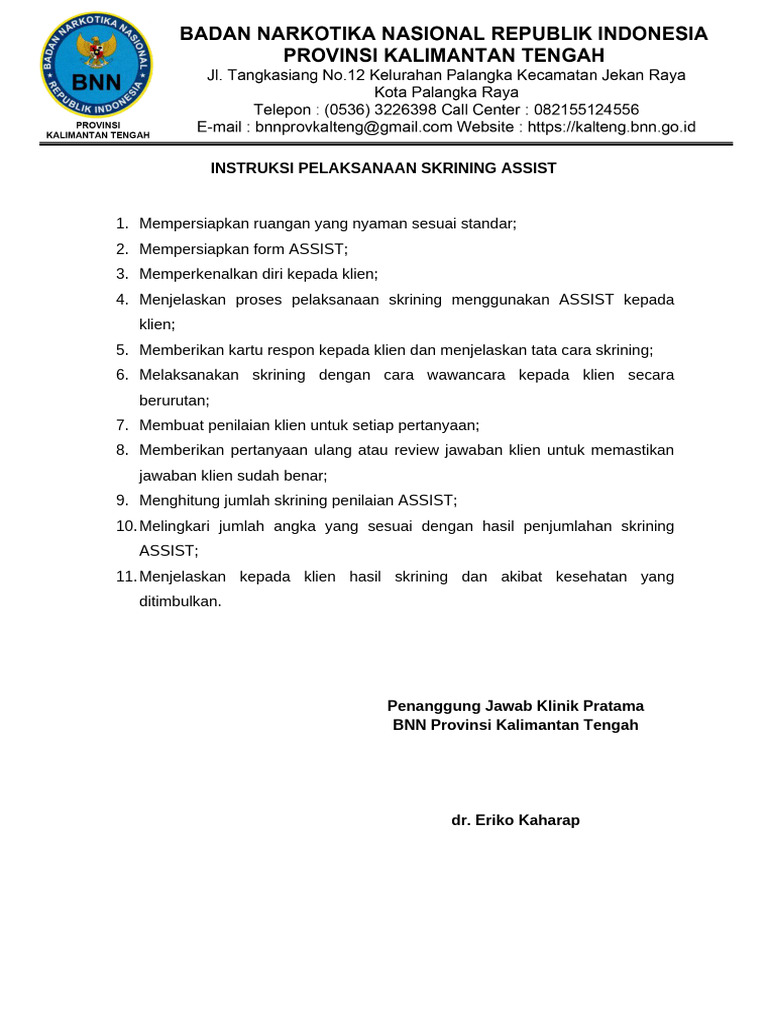 Instruksi Pelaksanaan Skrining Assist | PDF