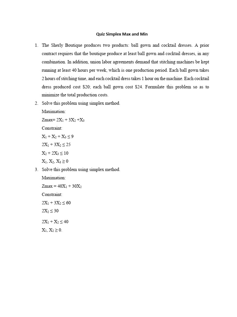 Quiz 3-4 Simplex Max and Min | PDF