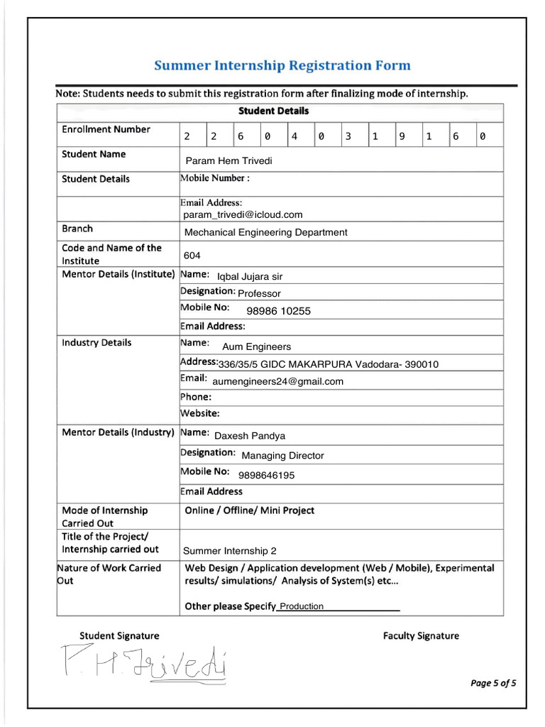 Summer Internship Registration Form | PDF