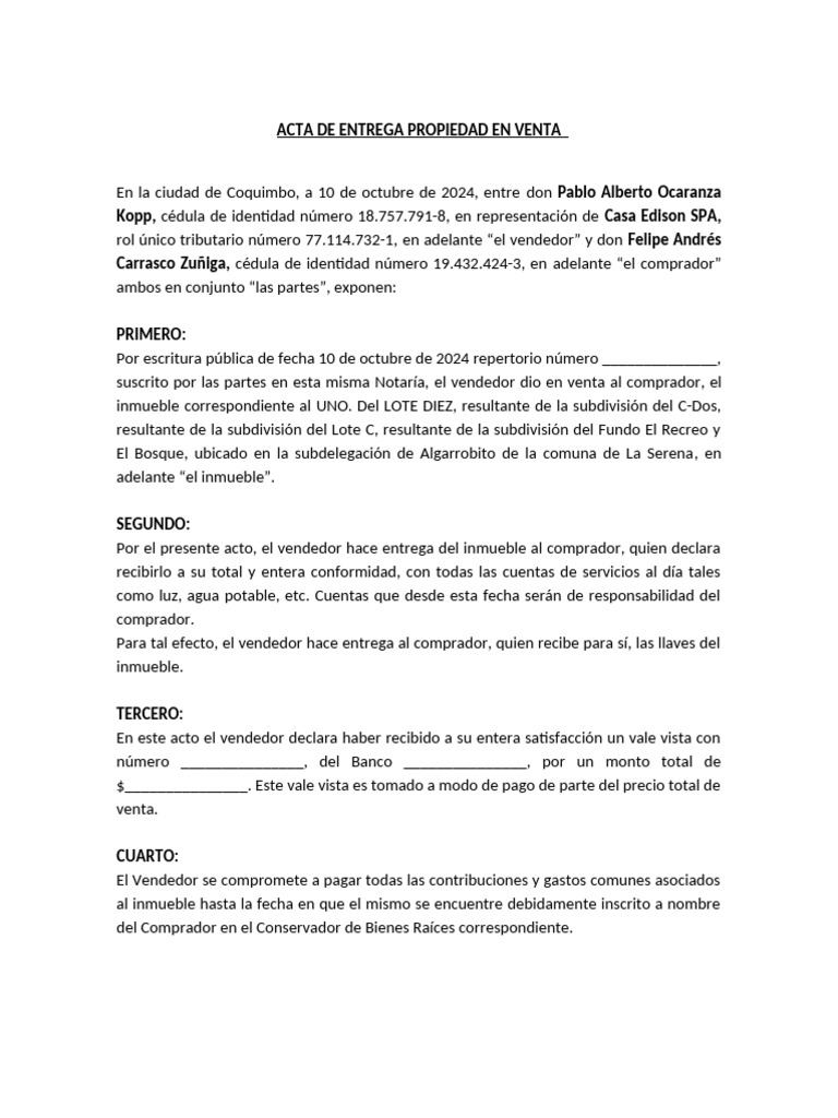 ACTA DE ENTREGA PROPIEDAD EN VENTA | PDF