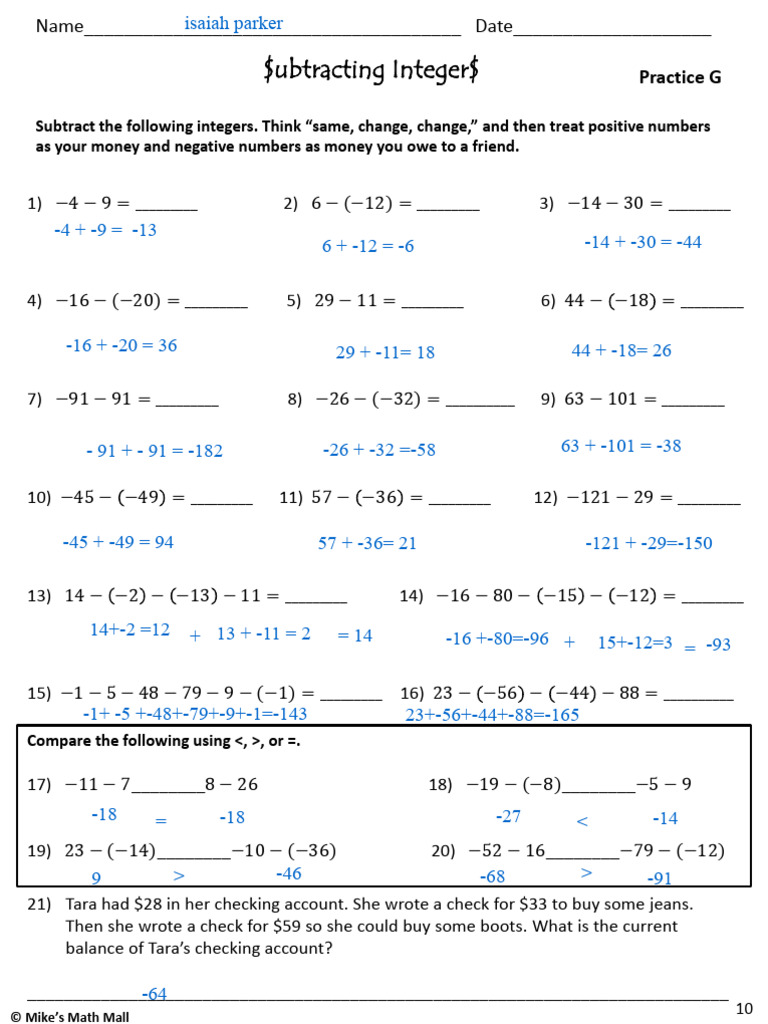 Isaiah Parker - Subtracting IntegersG | PDF