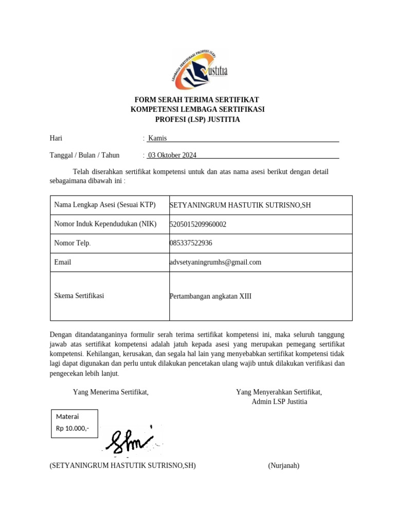 Form Serah Terima Sertifikat Kompetensi Lembaga Sertifikasi Profesi | PDF