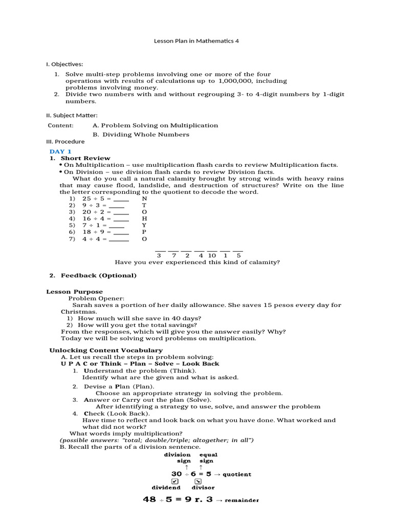 Lesson Plan in Mathematics 4 | PDF | Division (Mathematics) | Mathematics