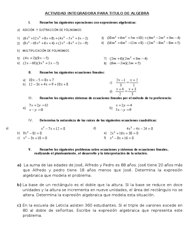 Serie de Ejercicios de Algebra Titulo | PDF