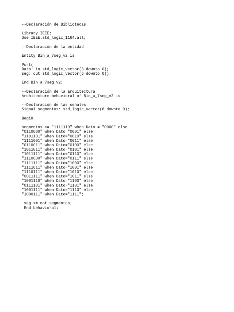 Código VHDL para Un Convertidor de Binario A 7 Segmentos Con Asignación ...