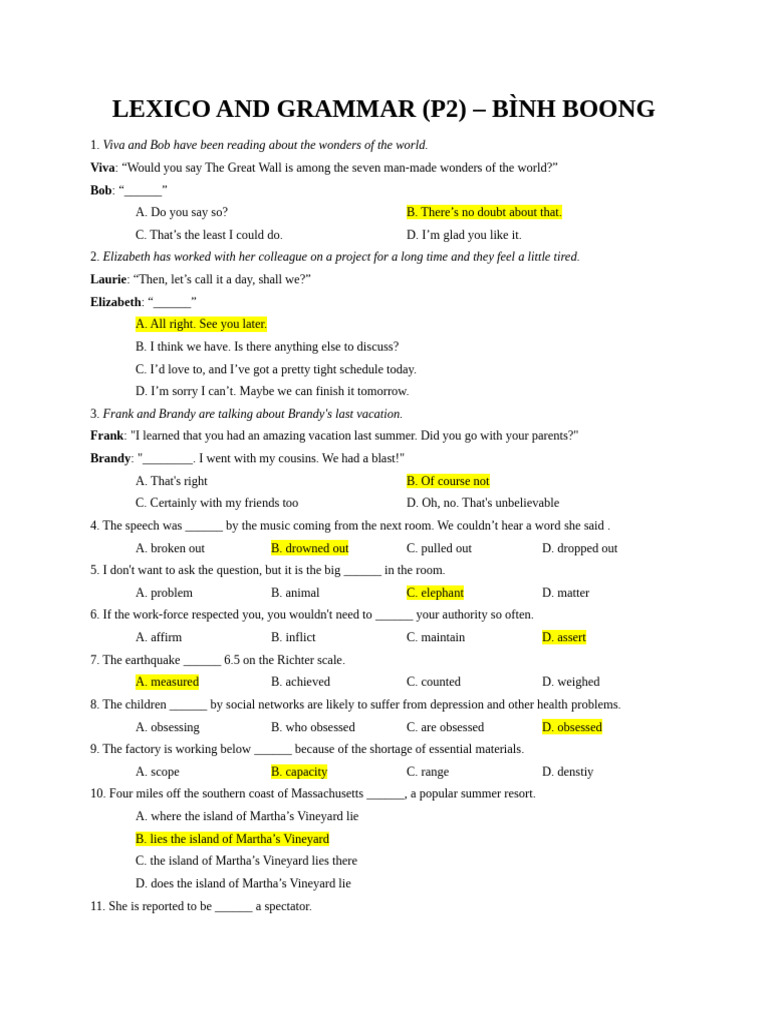 KEY TO LEXICO AND GRAMMAR (P2) - BÌNH BOONG-1 | PDF
