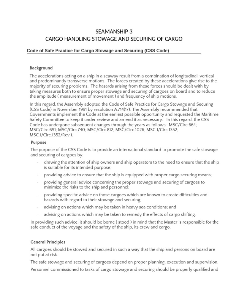 SEAMANSHIP 3 CARGO HANDLING STOWAGE AND SECURING CODE | PDF