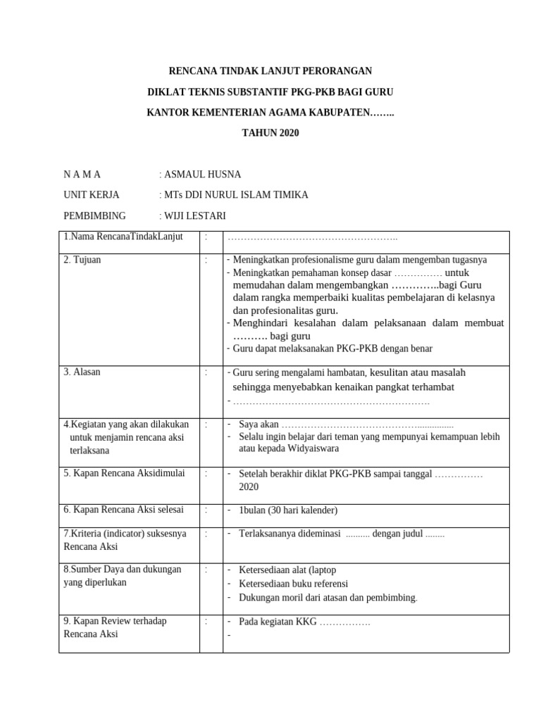 BLANGKO RTL PERORANGAN PKG-PKB Husna | PDF