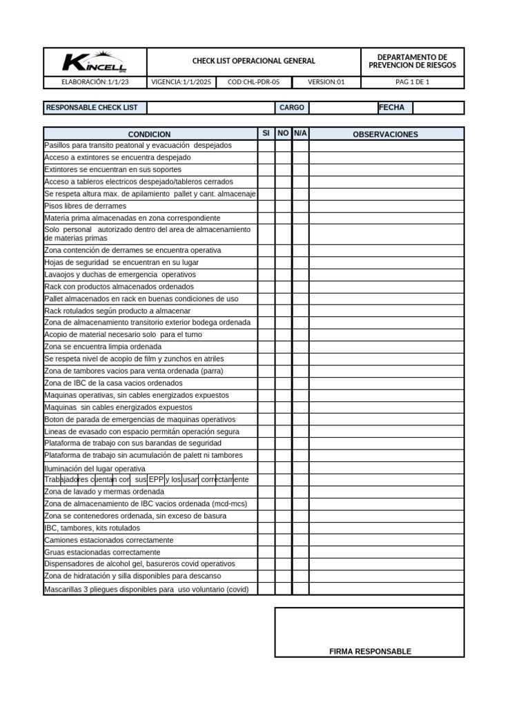 CHECK LIST OPERACIONAL GENERAL | PDF