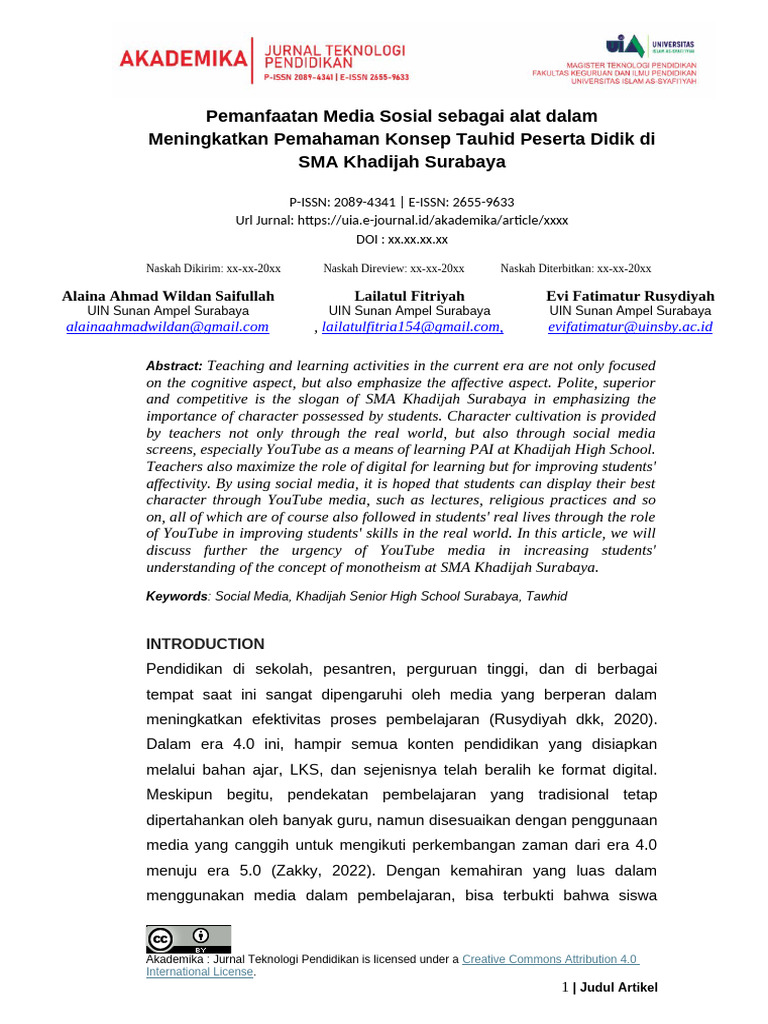 JURNAL Pemanfaatan Media Sosial Sebagai Alat Dalam Meningkatkan Pemahaman Konsep Tauhid Peserta ...