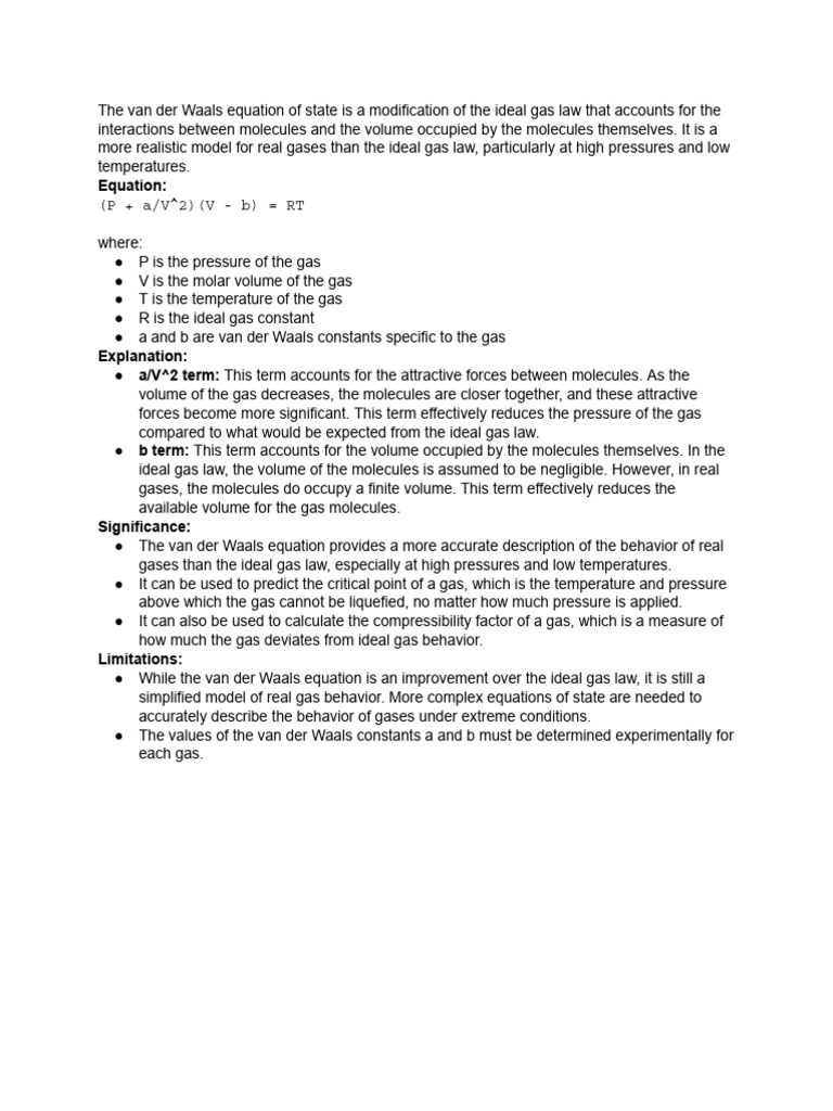 Van der Waals Equation Overview | PDF
