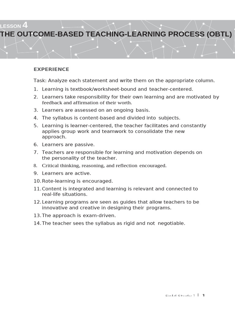 The Outcome-Based Teaching-Learning Process (Obtl) : Experience | PDF