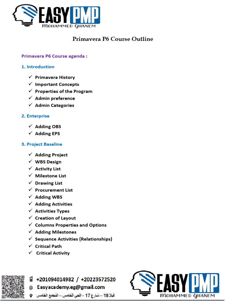 Primavera P6 Course (Outline) | PDF