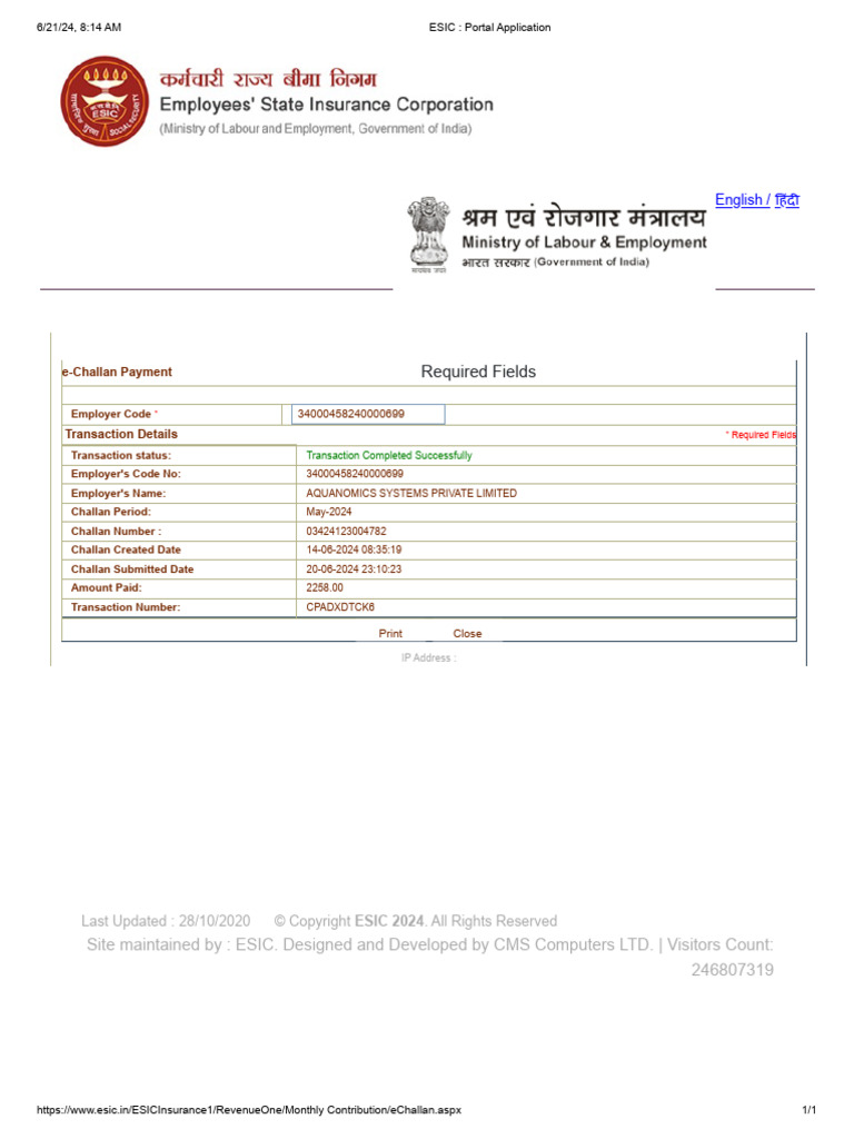 PF & Esic Payment Receipt - Aquanomics May | PDF
