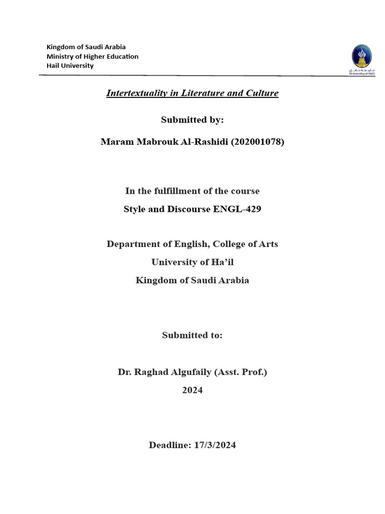 Intertextuality. Maram Mabrouk 202001078 | PDF