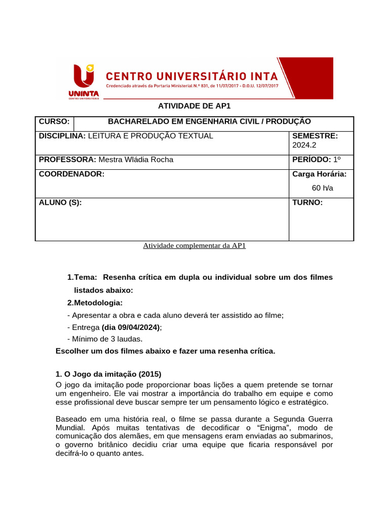 Atividade de Ap1 2024.2 - Engenharia | PDF