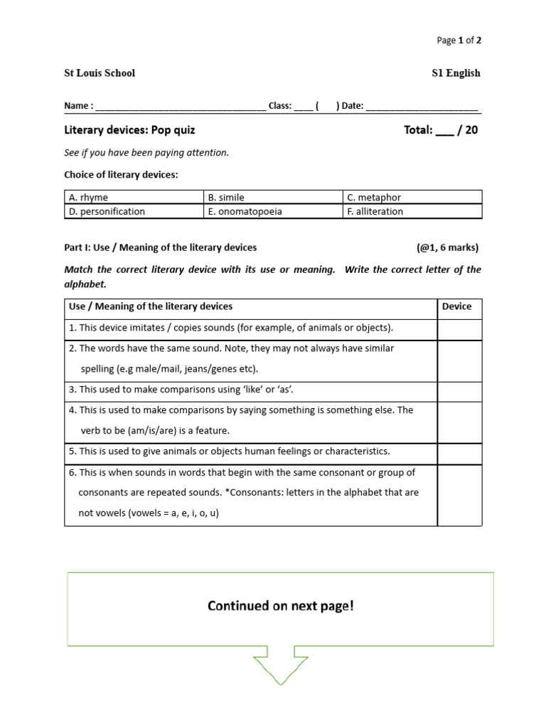 Literary Devices - Pop Quiz - S1 | PDF | Languages | Foreign Language ...