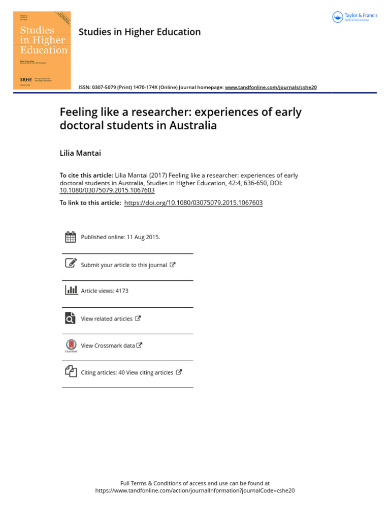 Feeling Like A Researcher Experiences of Early Doctoral Students in ...