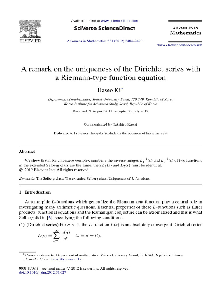 A Remark On The Uniqueness of The Dirichlet Series With A Riemann-Type Function Equation (Haseo ...