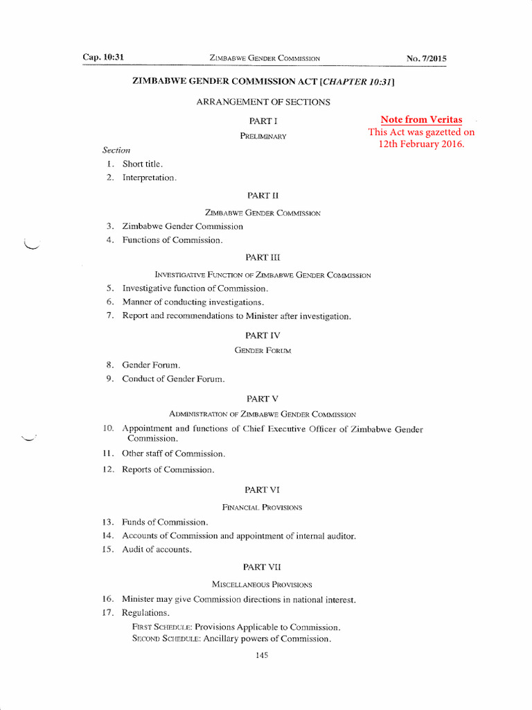 Zimbabwe Gender Commission Act Overview | PDF | Committee | Law