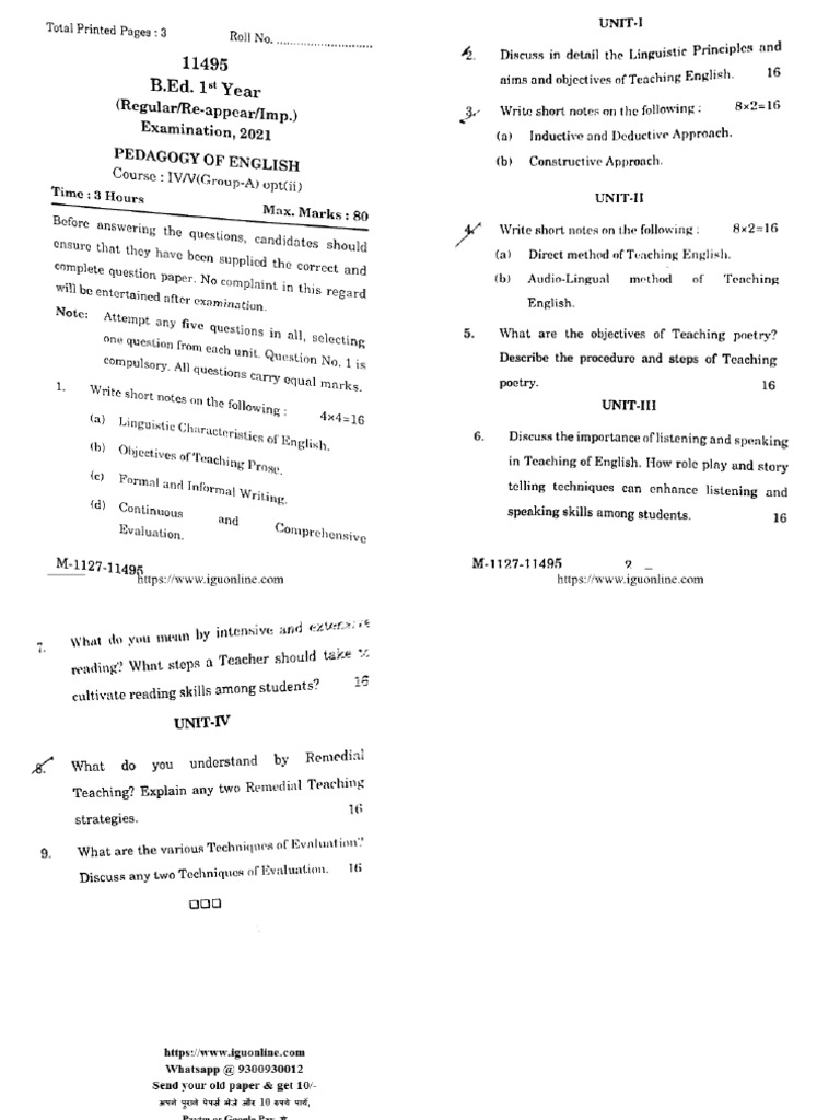 b Ed 1 Year Pedagogy of English 11495 2021 | PDF