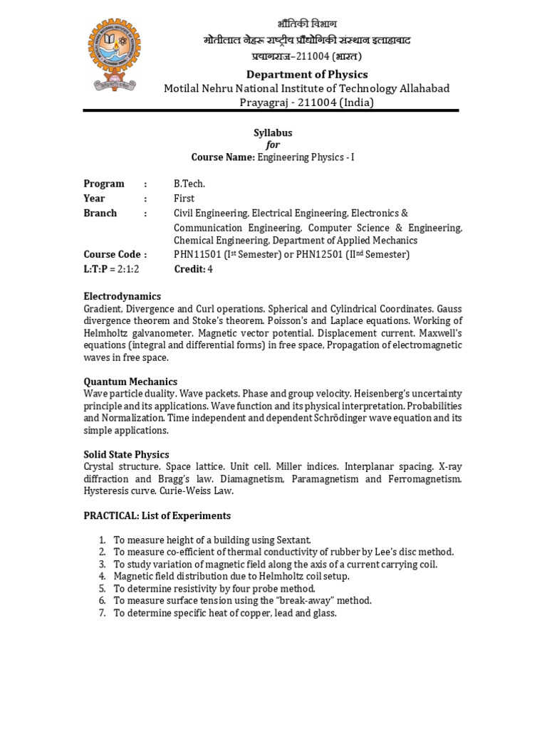 Approved Syllabus B.Tech. Ist Year-Dept. of Physics | PDF