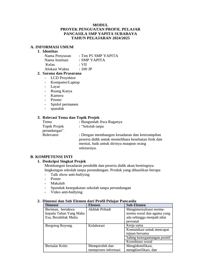 Modul Projek Bangunlah Jiwa Dan Raganya - Sekolah Tanpa Perundungan - Fase D | PDF