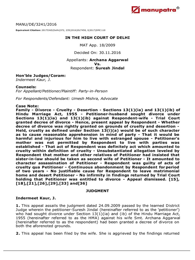 Delhi HC Divorce Appeal Dismissal | PDF | Marriage | Law