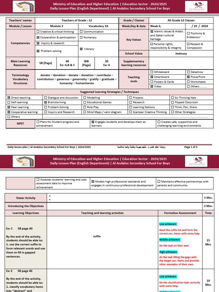 ' Name: Daily Lesson Plan - Al Andalus Secondary School For Boys - 2024 ...