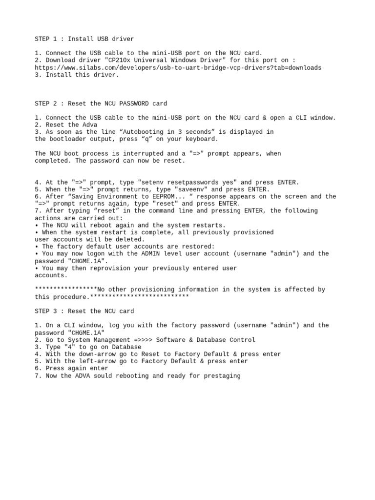 Reset NCU Card | PDF