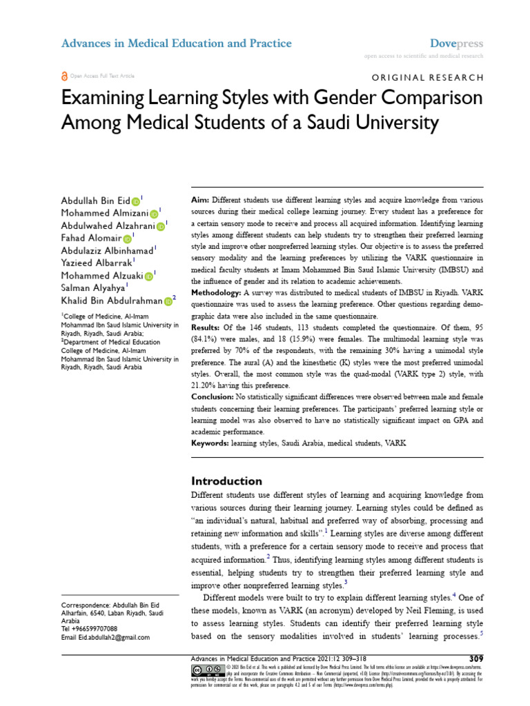 Amep 295058 Examining Learning Styles With Gender Comparison Among Medic | PDF