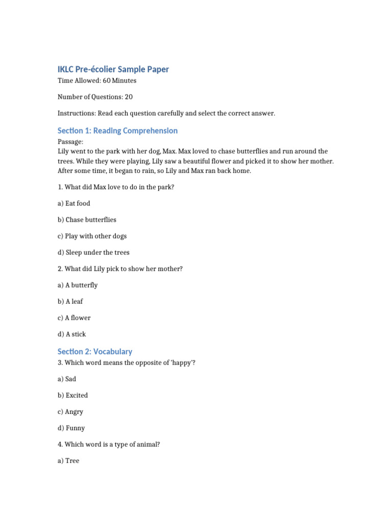 IKLC Pre Ecolier Sample Paper | PDF