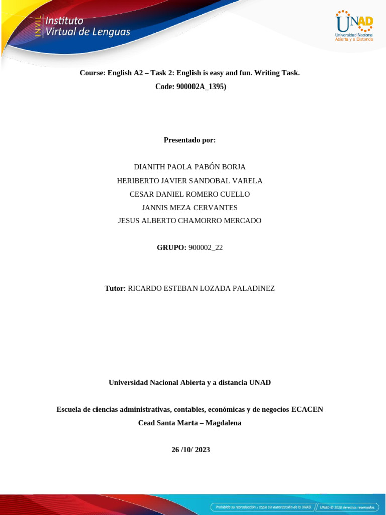 Anexo 1 - Task 2 - English Is Easy and Fun. Writing Task | PDF