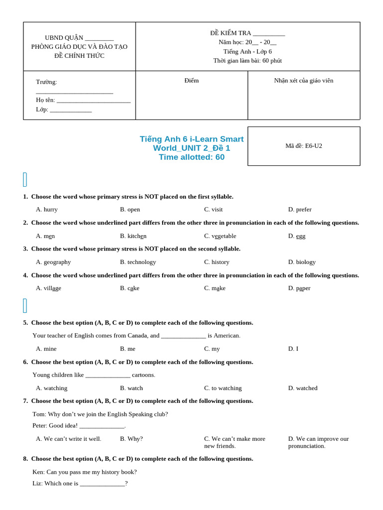 Tiếng Anh 6 i-Learn Smart World - UNIT 2 - Đề 1 - E6-U2 | PDF