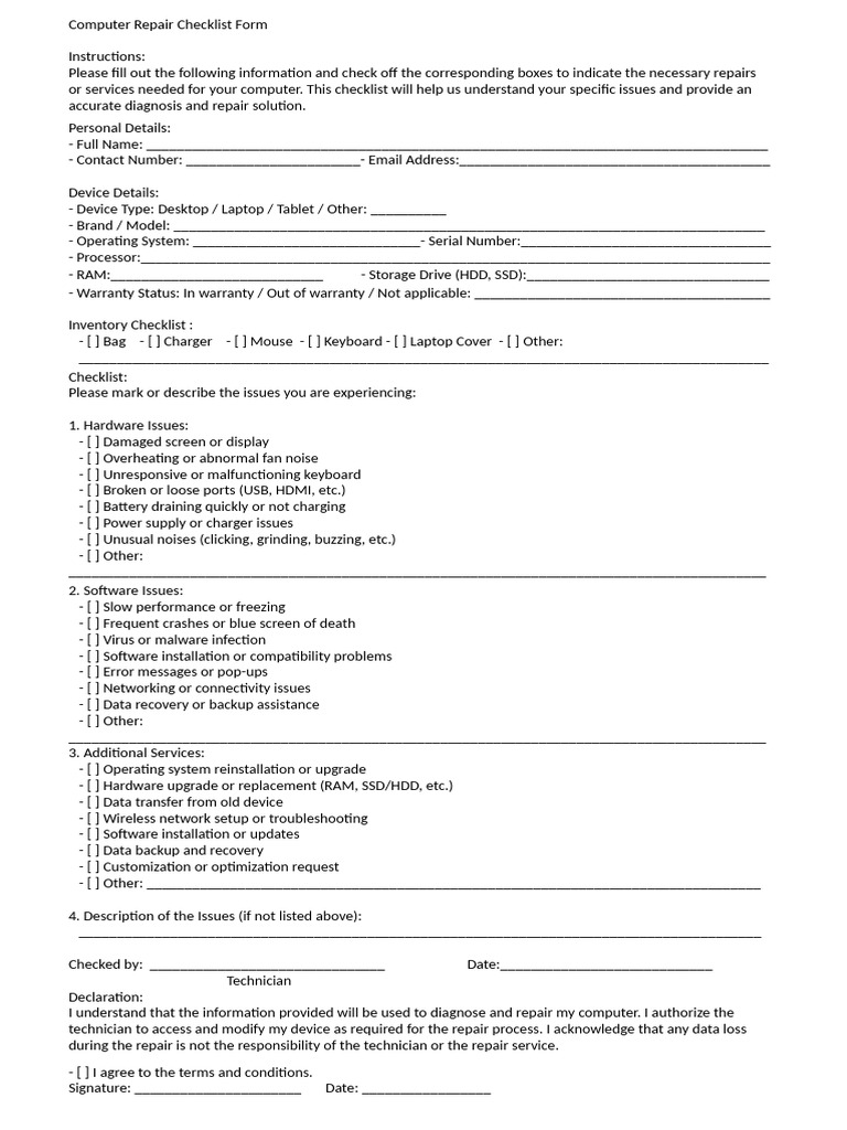 Computer Repair Checklist Form Week 2 | PDF