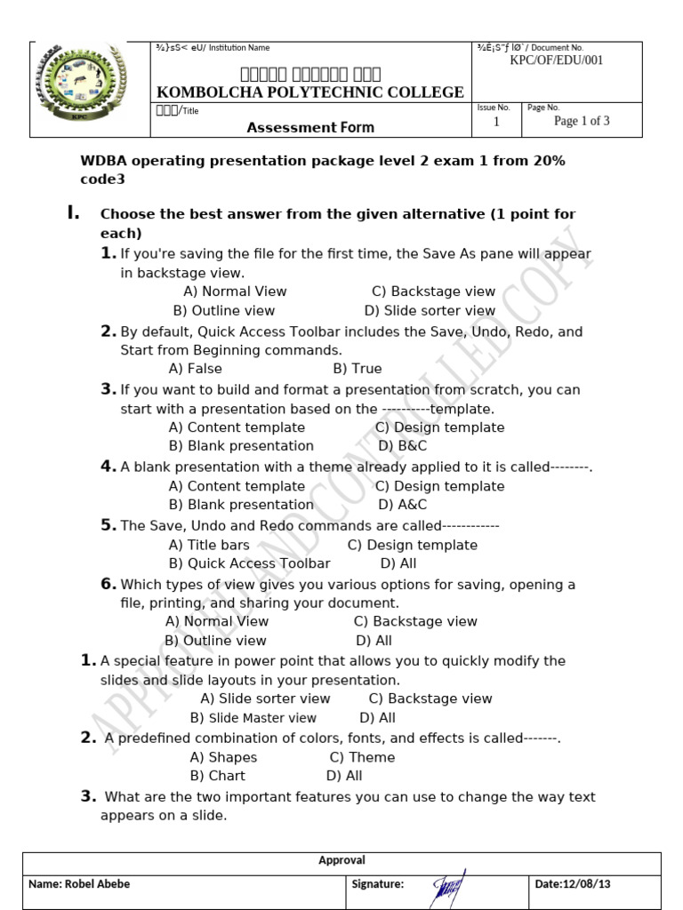 WDBA Operating Presentation Package Level 2 Exam 1 From 20 Code3 | PDF