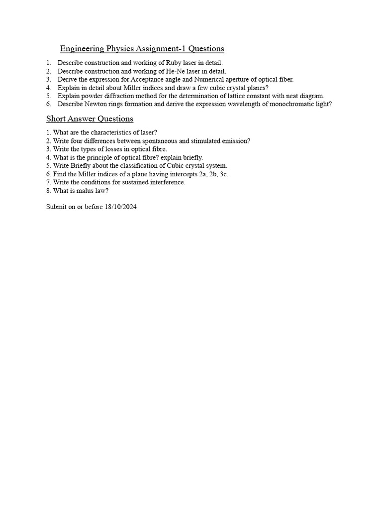 Engineering Physics Assignment I Questions October 2024 New | PDF