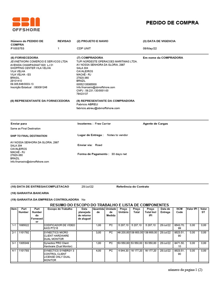 Pedido de Compra: P1003753 1 CDP Unit 09/may/22 | PDF