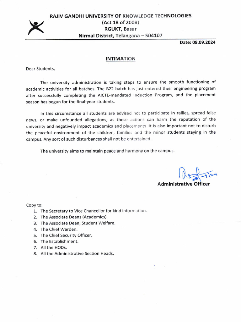 Intimation To The Students Dated.08.09.2024 | PDF