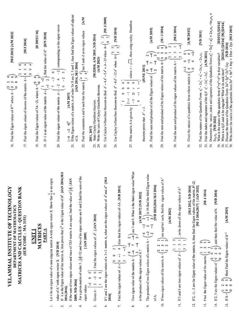 Matrices & Calculus - QB Ma3151 (21.9.24) Ai&Ds | PDF