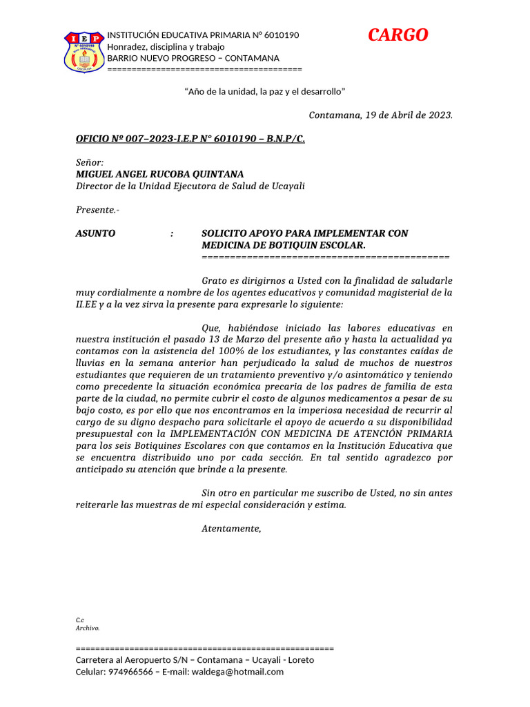 Oficio Solicito Apoyo Con Medicina | PDF