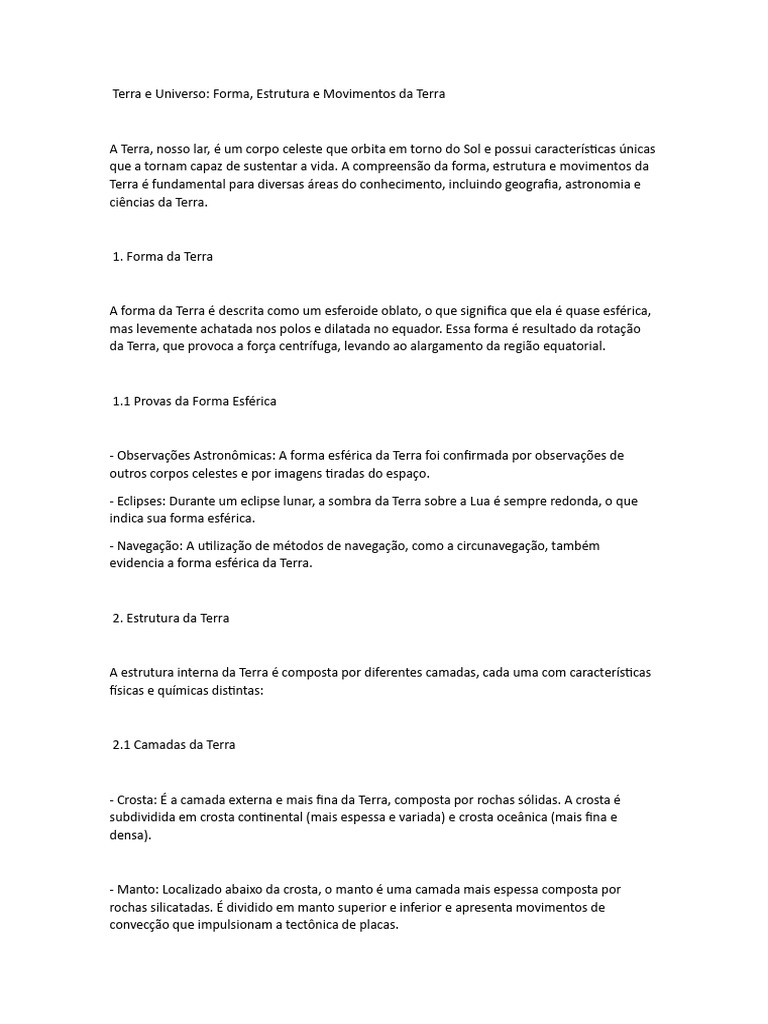 Resumo Terra e Universo - Forma, Estrutura e Movimentos Da Terra | PDF